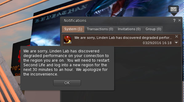 [BUG-11662] LL has discovered degraded performance on the connection to the region you are on ...